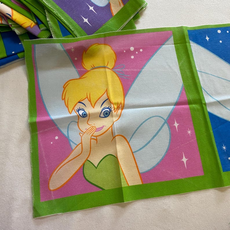 Tinker Bell Sewing Fabric Panels Early 2000s Vintage Bed Sheet Scraps ...