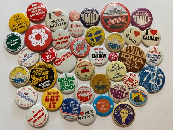 Vintage Pin Back Buttons Badges LOT Canadian 70s 80s … - Gem