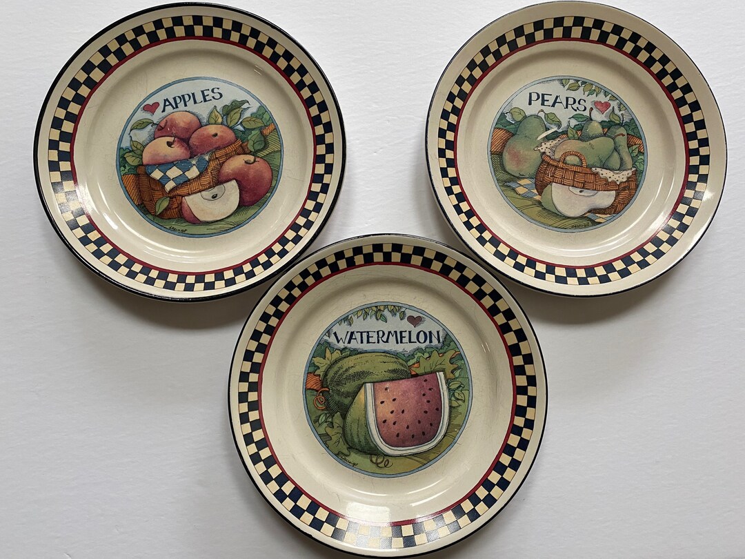 Vintage 1990s Set of Plates Fruit Design Porcelain Stoneware Kitchen ...