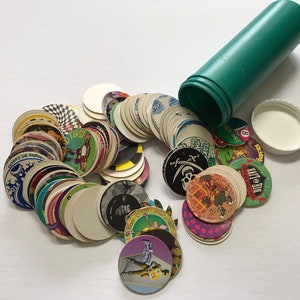 1990s Blank Back Pogs in Collector Tube Magic 8 Ball Skulls Peace Signs ...