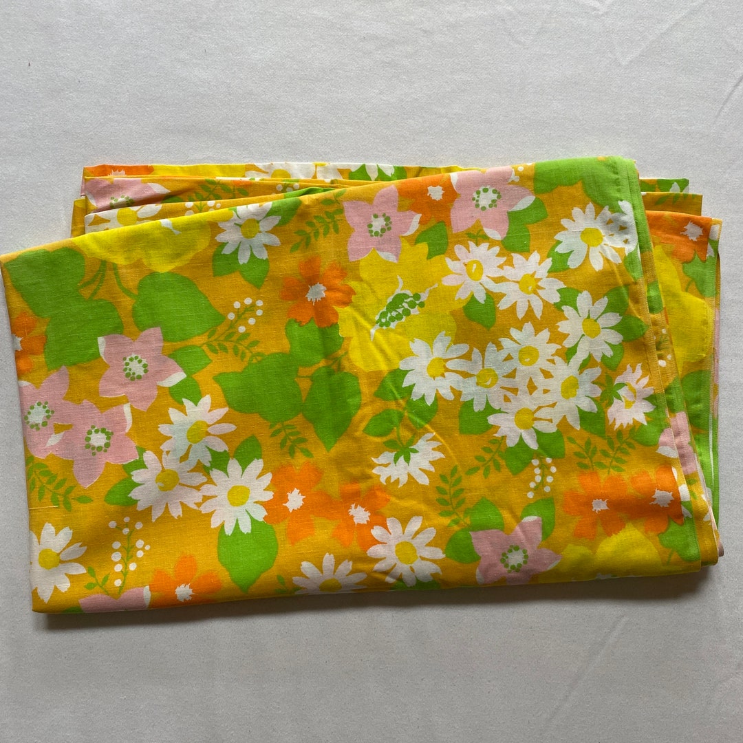 RARE Double Full Flat Sheet in Green and Orange Floral Colorway Vintage ...