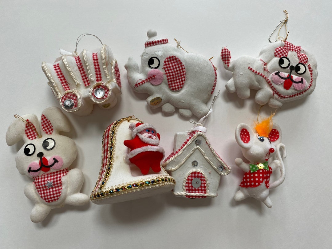 Vintage Flocked Plastic Animals Christmas Ornaments Adorable White and ...