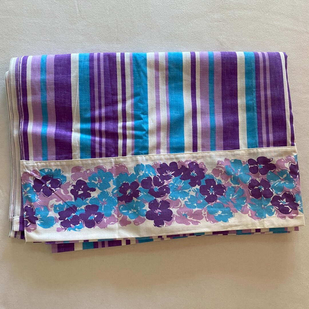 Vintage 1970s Tex Made Truprest Twin Flat Sheet Purple and Blue Stripes ...