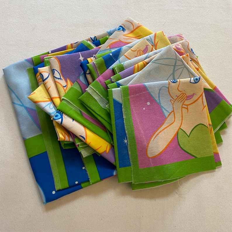 Tinker Bell Sewing Fabric Panels Early 2000s Vintage Bed Sheet Scraps ...