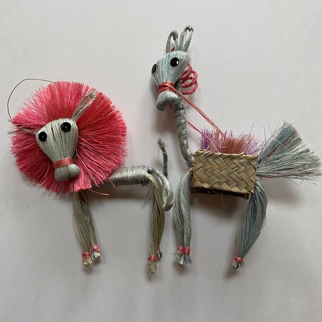 Straw Animal Christmas Ornaments Vintage Lion and Donkey Pink and Grey ...