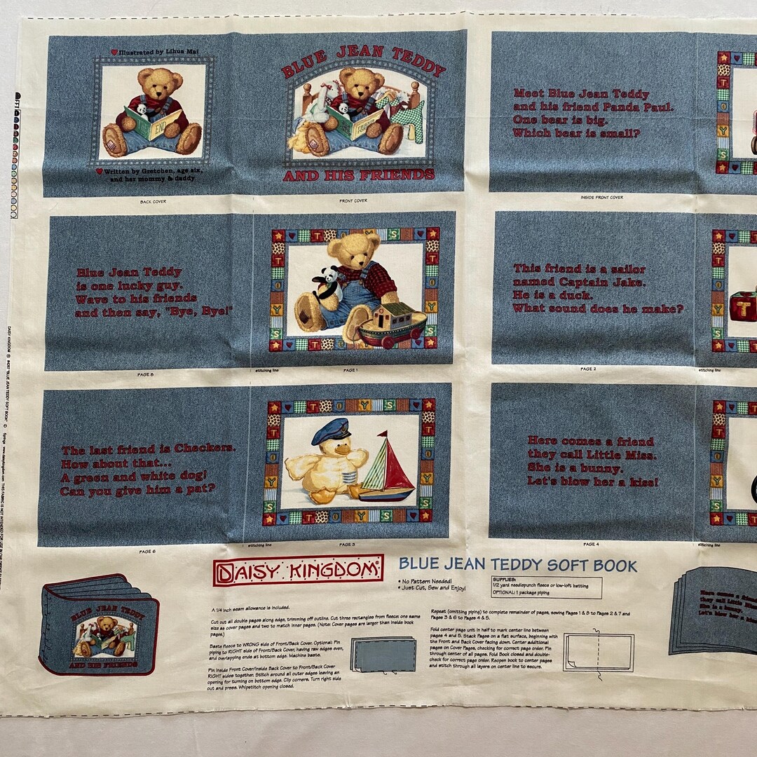 Blue Jean Teddy Bear Soft Book Cut N Sew Fabric Panel Daisy Kingdom ...
