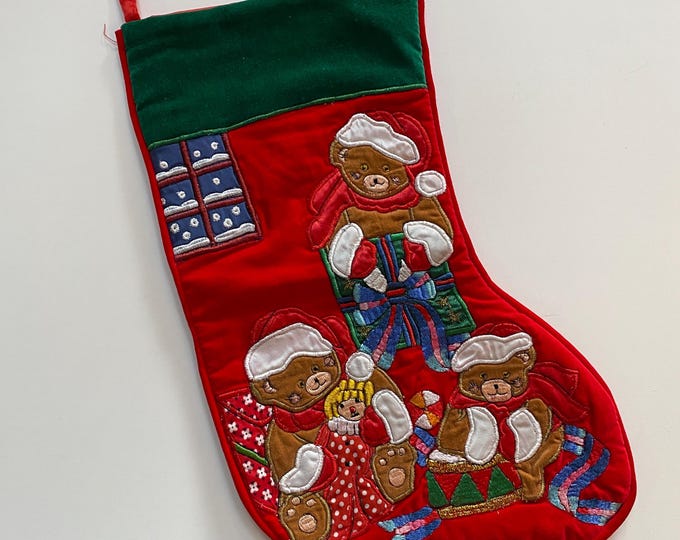 Christmas Stocking With Cute Bears and Gifts Xmas Holiday Decor Vintage ...