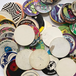 1990s Blank Back Pogs in Collector Tube Magic 8 Ball Skulls Peace Signs ...