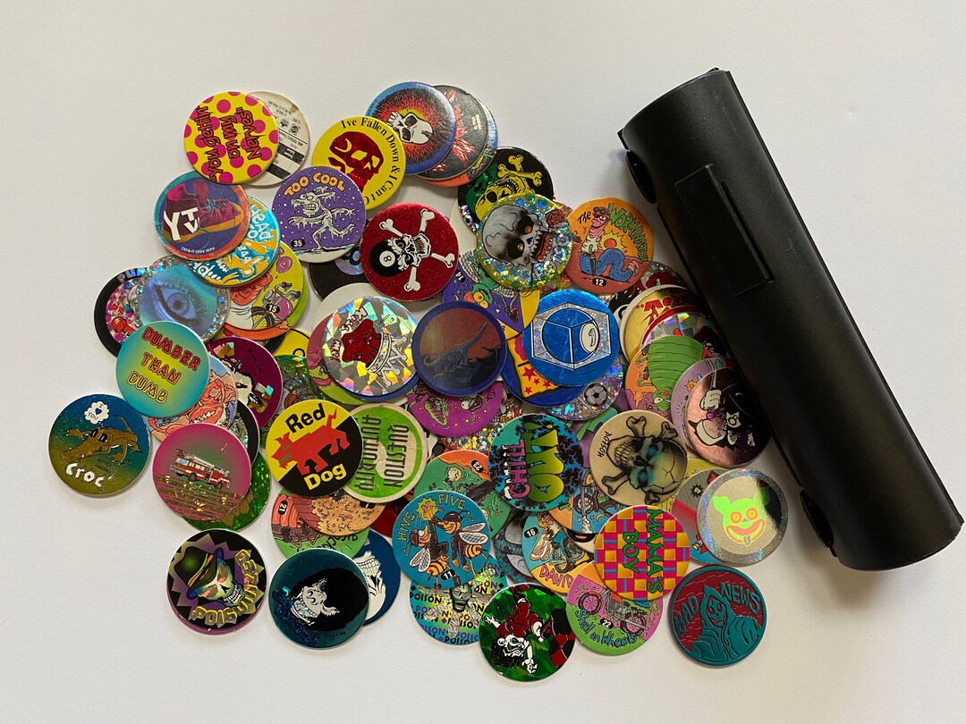 1990s Blank Back Pogs in Collector Tube Magic 8 Ball Skulls Peace Signs ...