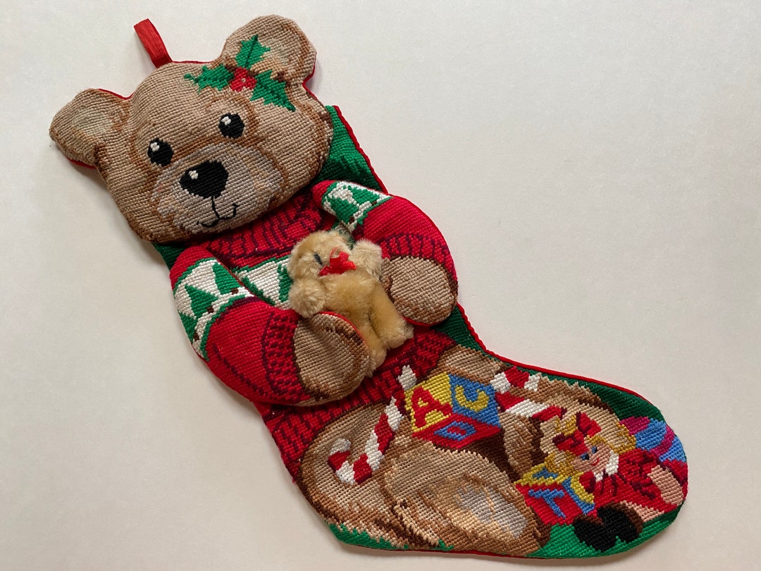 Vintage Christmas Needlepoint Bear Stocking With Xmas Holiday Stocking ...