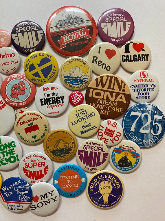 Vintage Pin Back Buttons Badges Lot Canadian 70s 80s … Gem