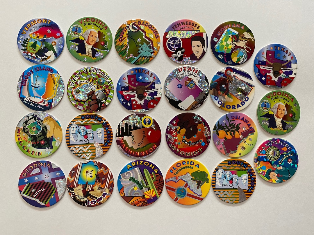 Collection of 1990s Blank Back American State Pogs 90s Kids Games Paper ...