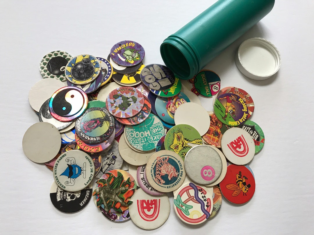 1990s Blank Back Pogs in Collector Tube Magic 8 Ball Skulls Peace Signs ...