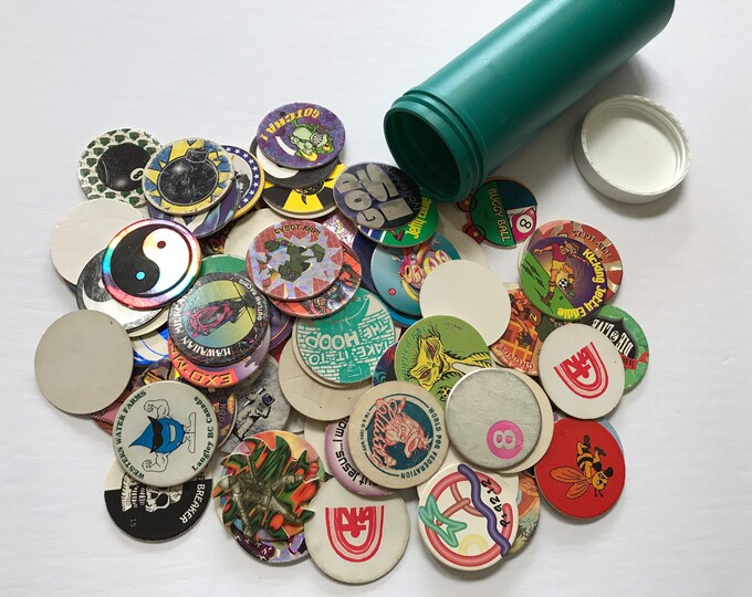 1990s Blank Back Pogs in Collector Tube Magic 8 Ball Skulls Peace Signs ...