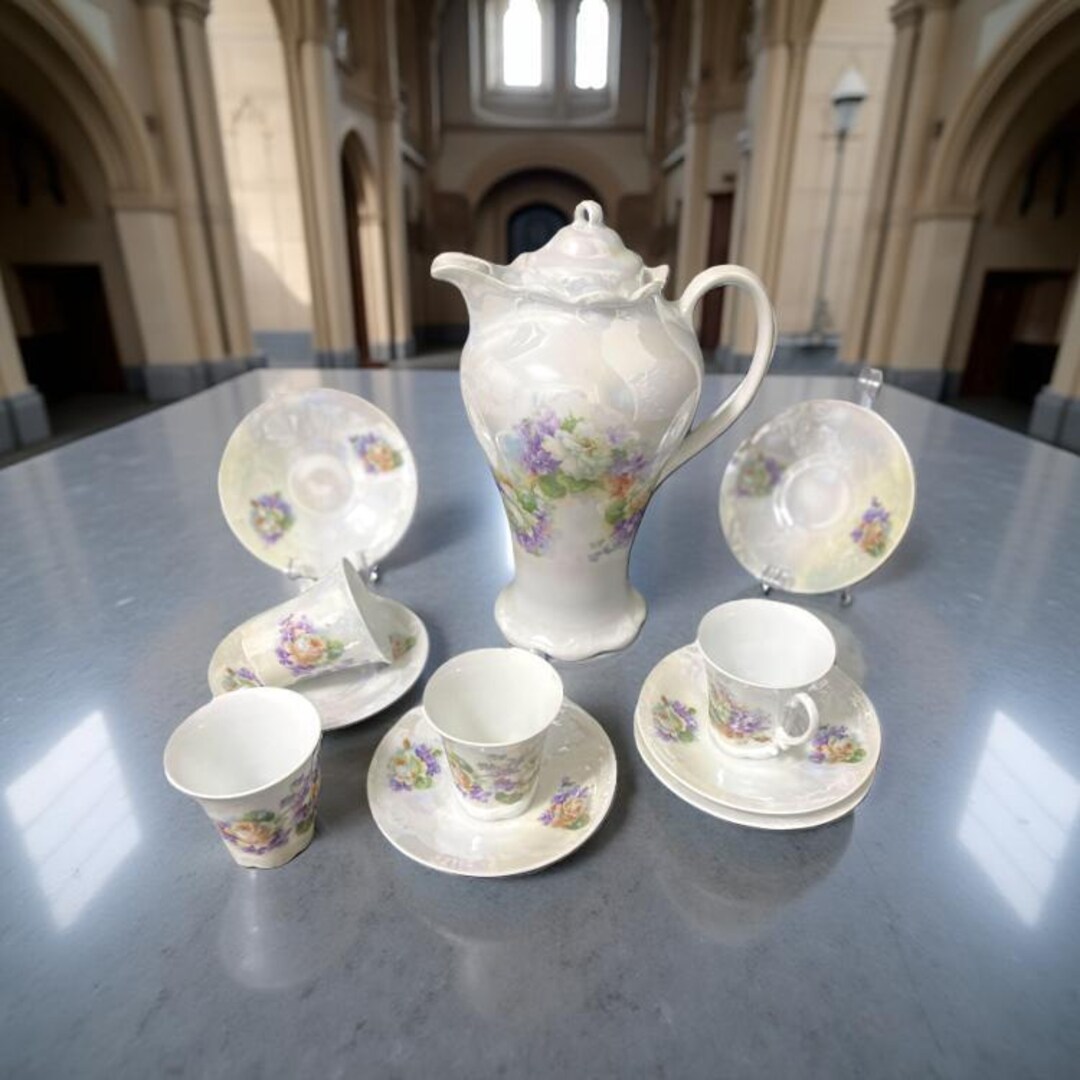 Antique Victoria Austria Chocolate Tea Set: Iridescent Bavarian ...