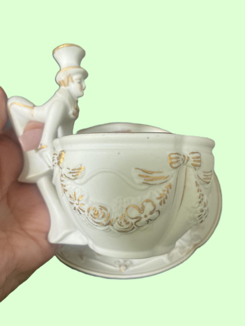 1940s Shofu Japan Bisque Teacup Set: Gentleman Figural Handle, Gold ...