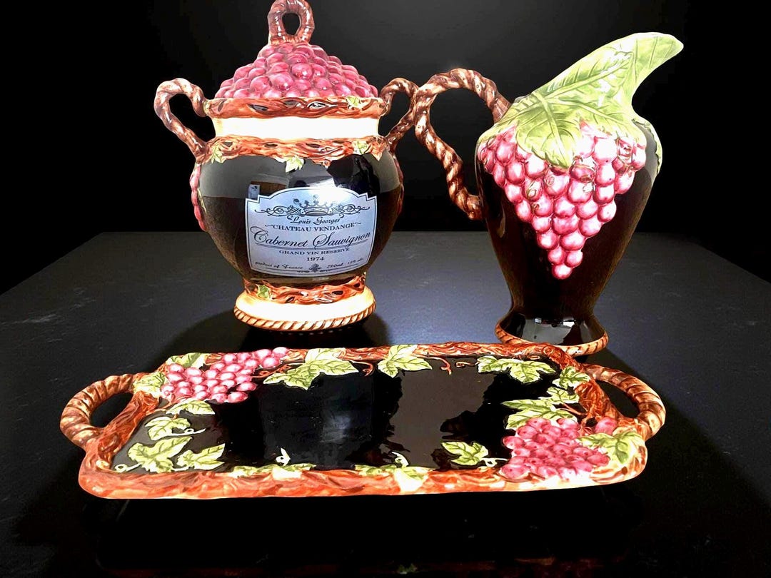 Vintage Grape Kitchen Set, Majolica Canister Pitcher Tray, Tuscan Wine ...