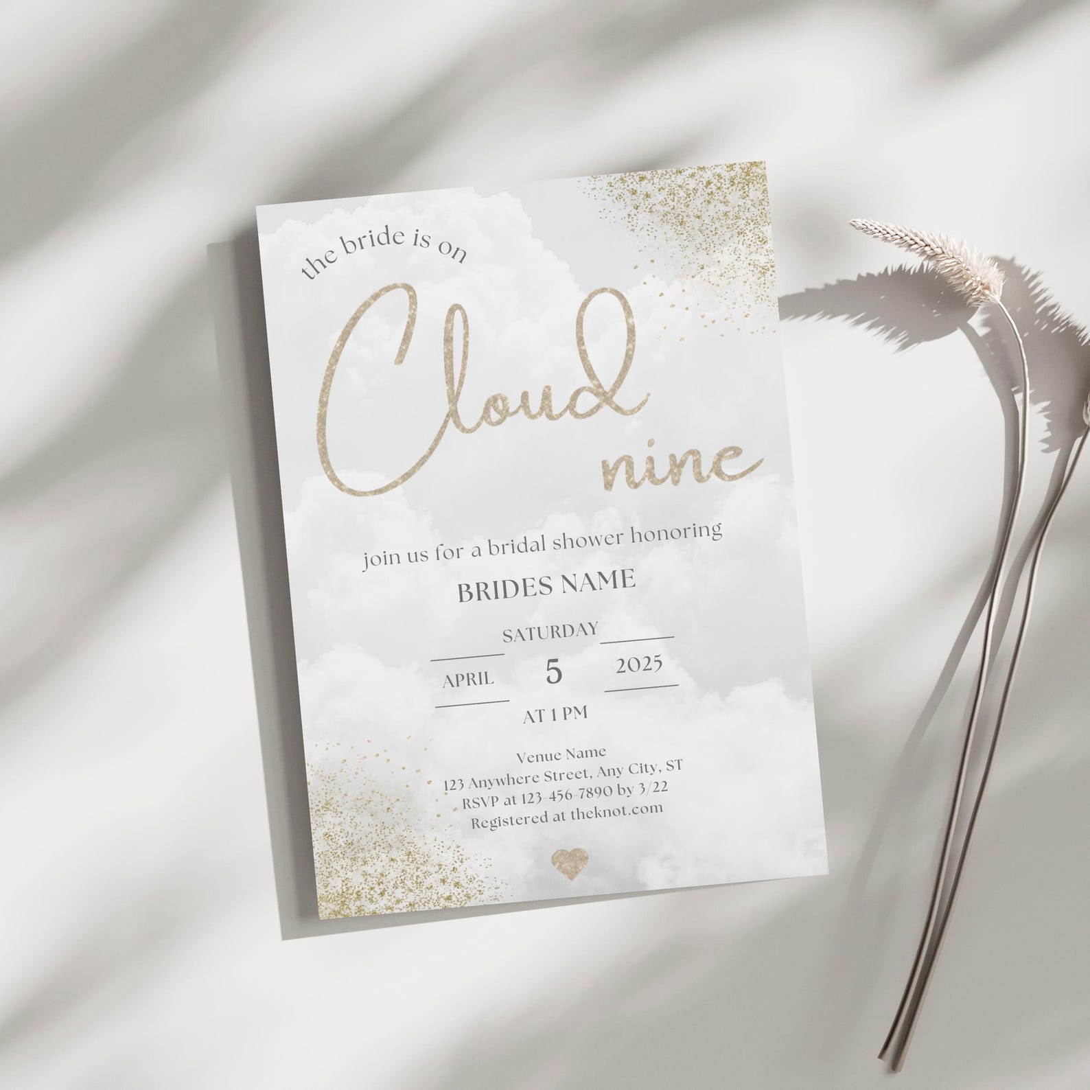 Cloud Nine Bridal Shower Invitation | Editable Template | Gold & White ...
