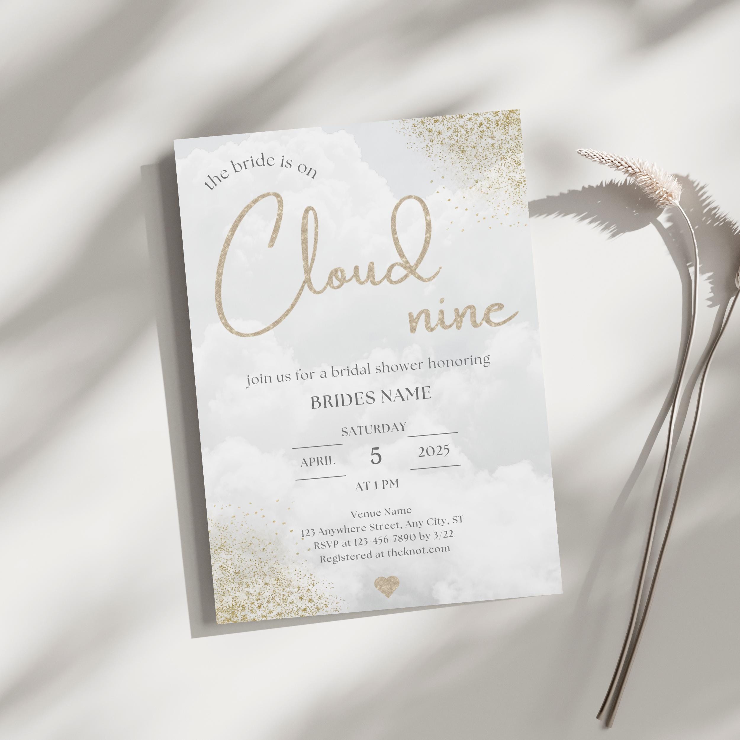 Cloud Nine Bridal Shower Invitation | Editable Template | Gold & White ...