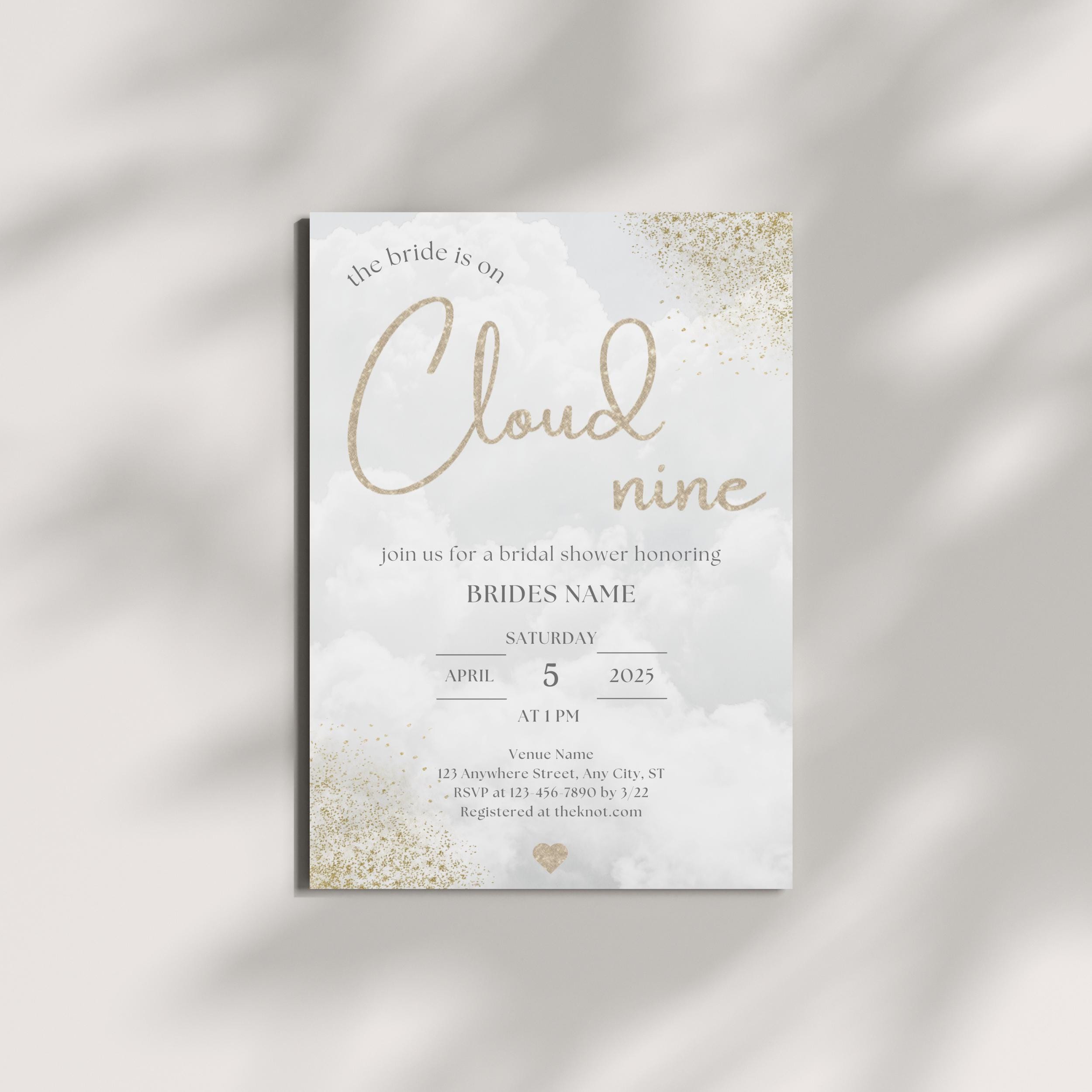 Cloud Nine Bridal Shower Invitation | Editable Template | Gold & White ...