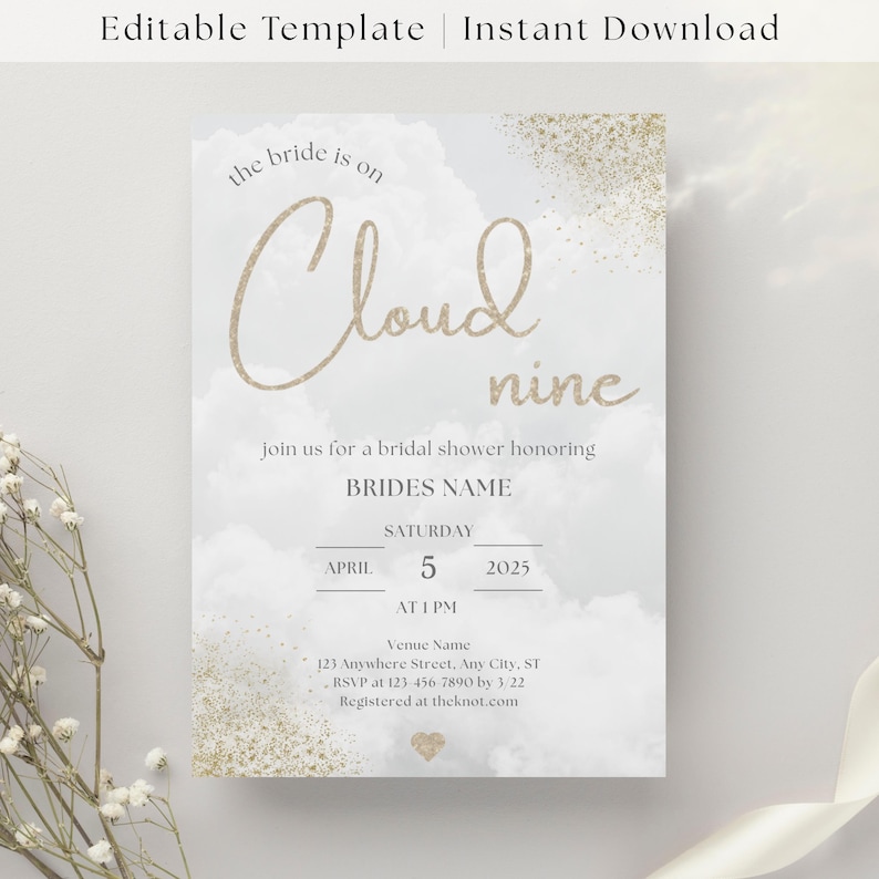 Cloud Nine Bridal Shower Invitation | Editable Template | Gold & White ...