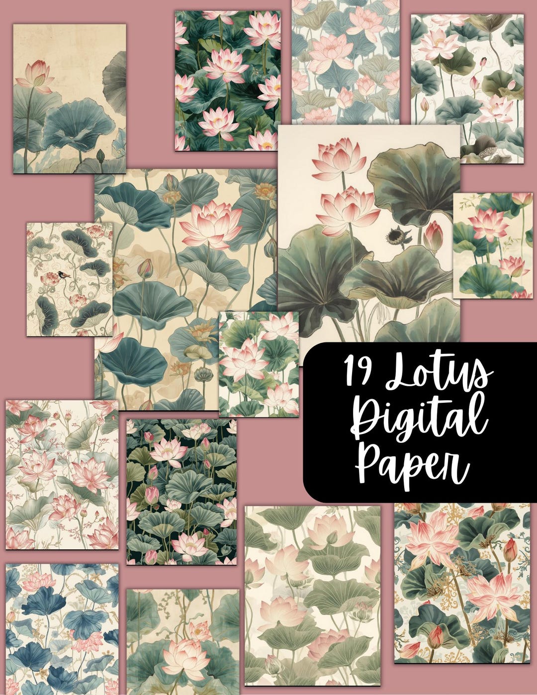Lotus Flower Junk Journal Pages: Botanical Scrapbook Backgrounds (PNG ...