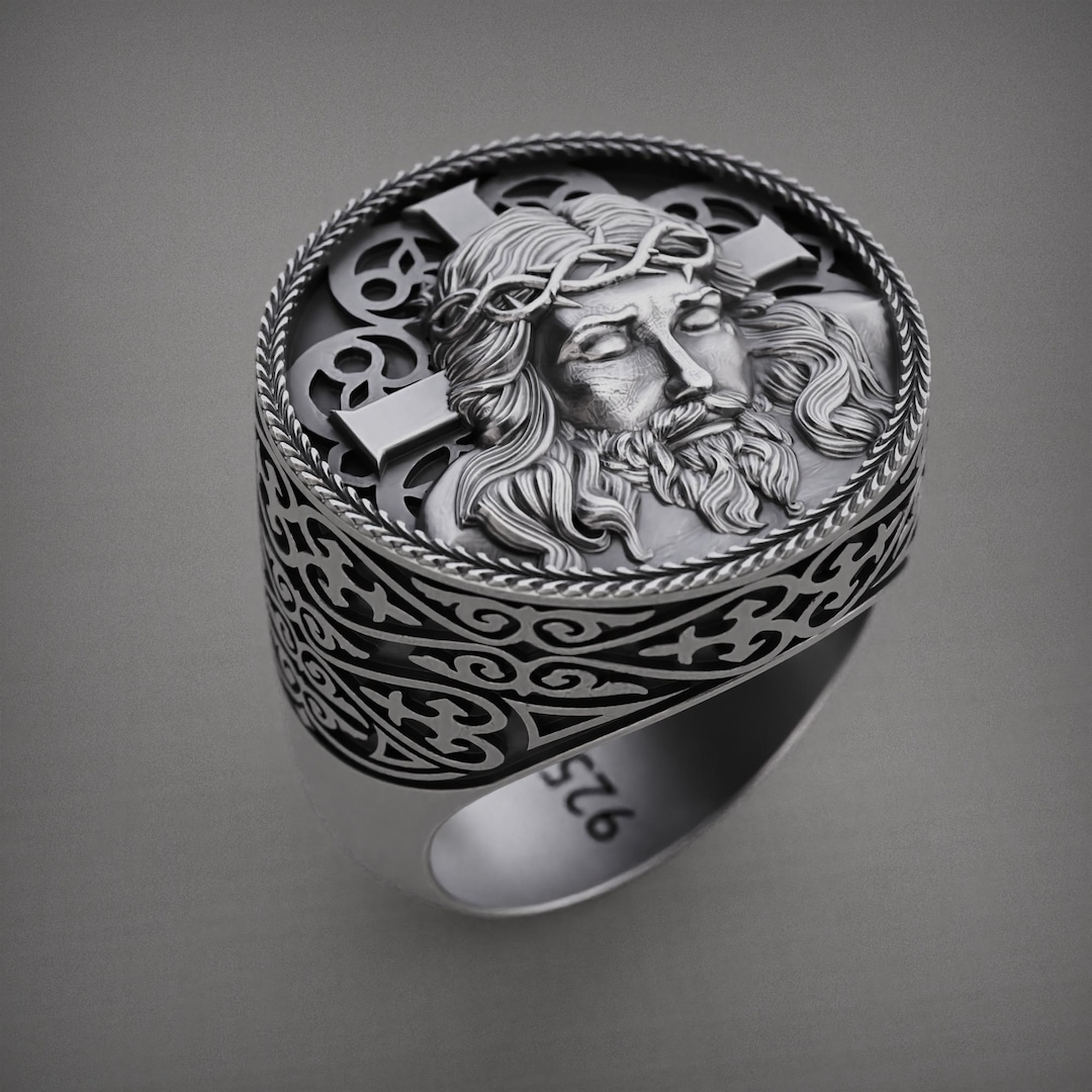 Jesus Christ Signet Ring 925 Sterling Silver, Crown of Thorns Religious ...