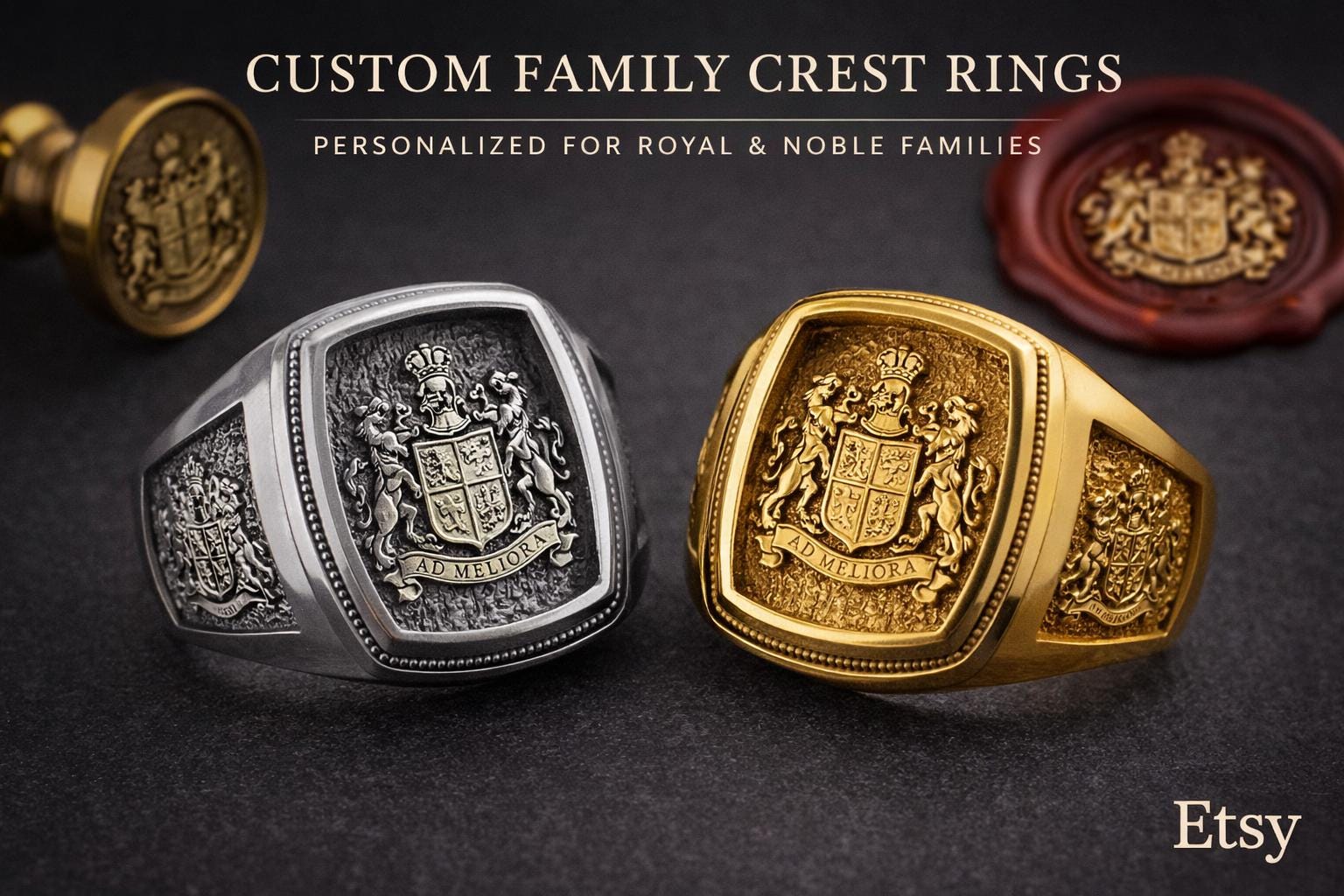 Custom Family Crest Signet Ring – Sterling Silver or Gold Plated ...