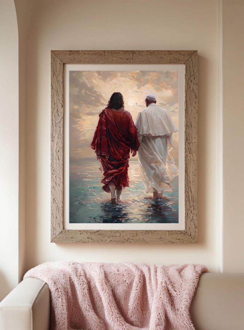 Catholic Digital Wall Art • Jesus Christ and Pope Francis Walking Into ...