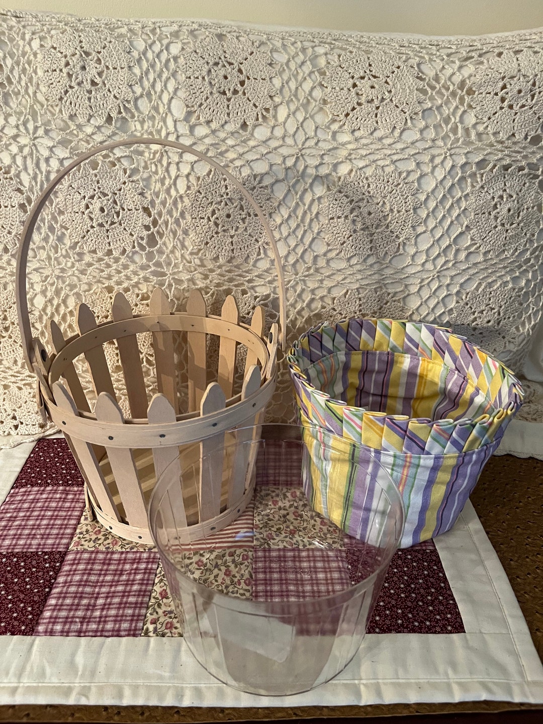 Vintage Longaberger Easter Basket Picket Fence Basket With Fabric and Plastic Liner Wooden ...
