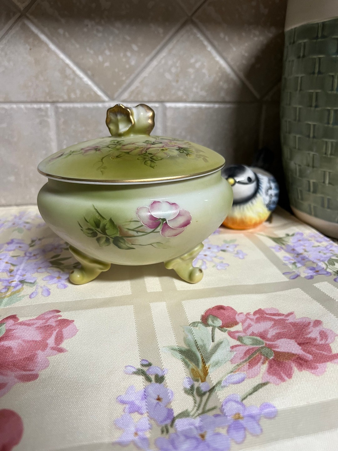 Vintage Nippon Hand Painted Vanity Powder Container Vanity Powder Dish ...