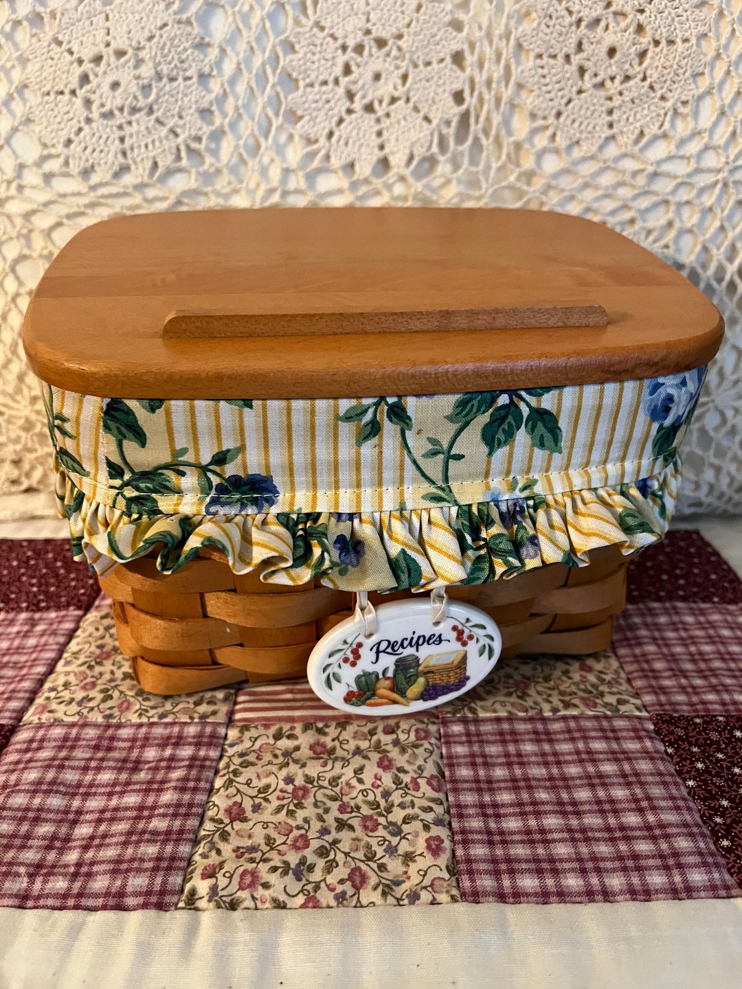 Vintage Longaberger Large Recipe Basket Plastic Fabric Liner Lid and ...