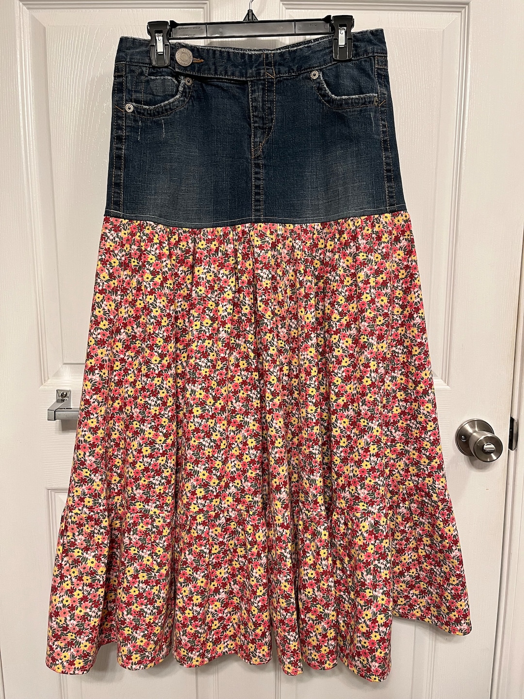 Repurposed Denim Skirt Recycled Denim Skirt Pink Calico Skirt Boho ...