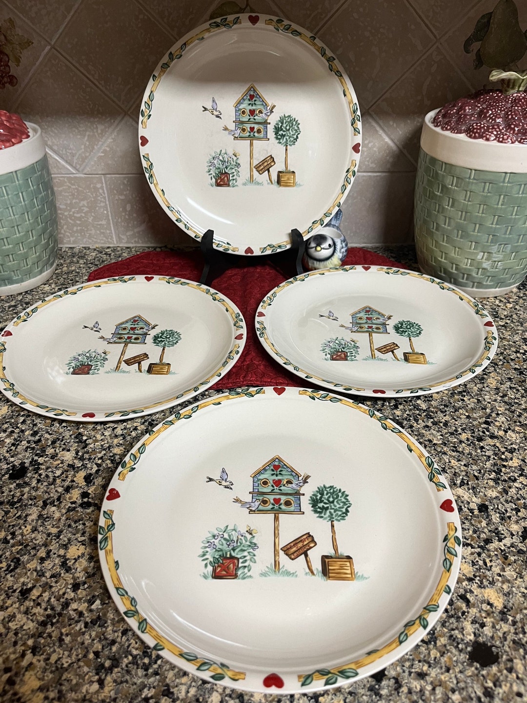 Vintage Thomson Pottery Birdhouse Dinner Plates, 4-piece Stoneware Set ...