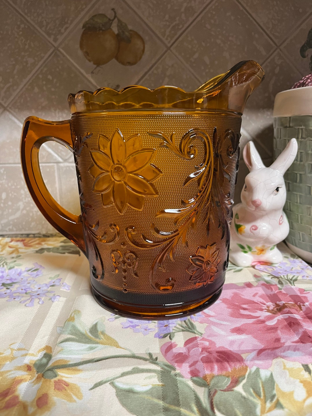 Vintage Tiara Glass Chantilly Water Pitcher Lemonade Pitcher Amber ...