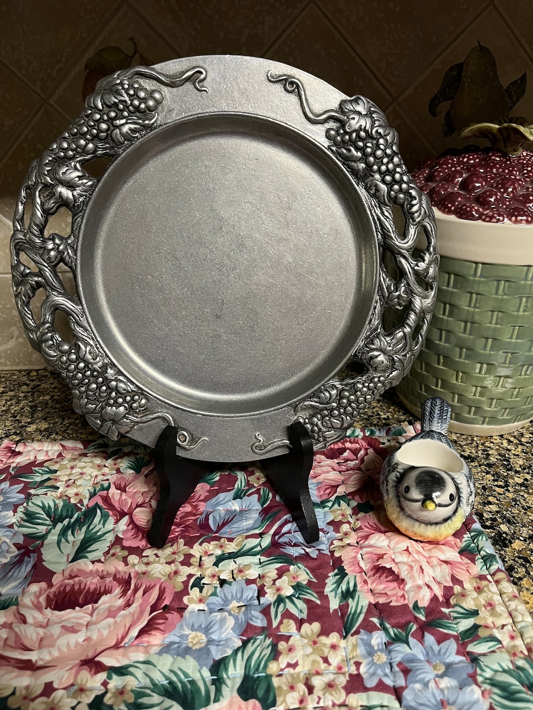 Vintage Vineyard Dinner Plate Pewter Grapevine Plate Housewarming Gift ...