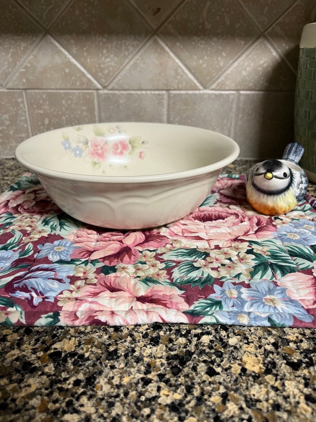 Vintage Pfaltzgraff Tea Rose Serving Bowl Pink and Blue Roses Wedding ...