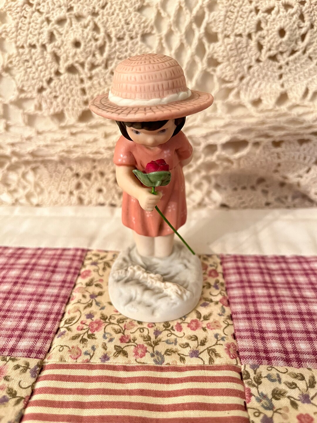 Vintage Enesco Figurine Girl and Red Rose Kim Anderson Flower Girl ...