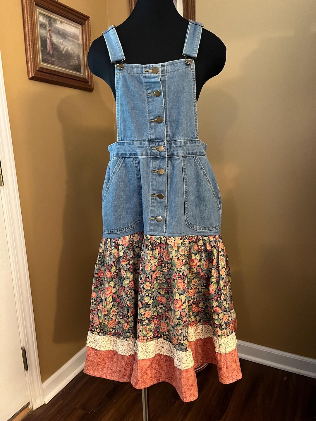 Dress Overalls Repurposed Denim Western Overalls Floral Patchwork Denim ...