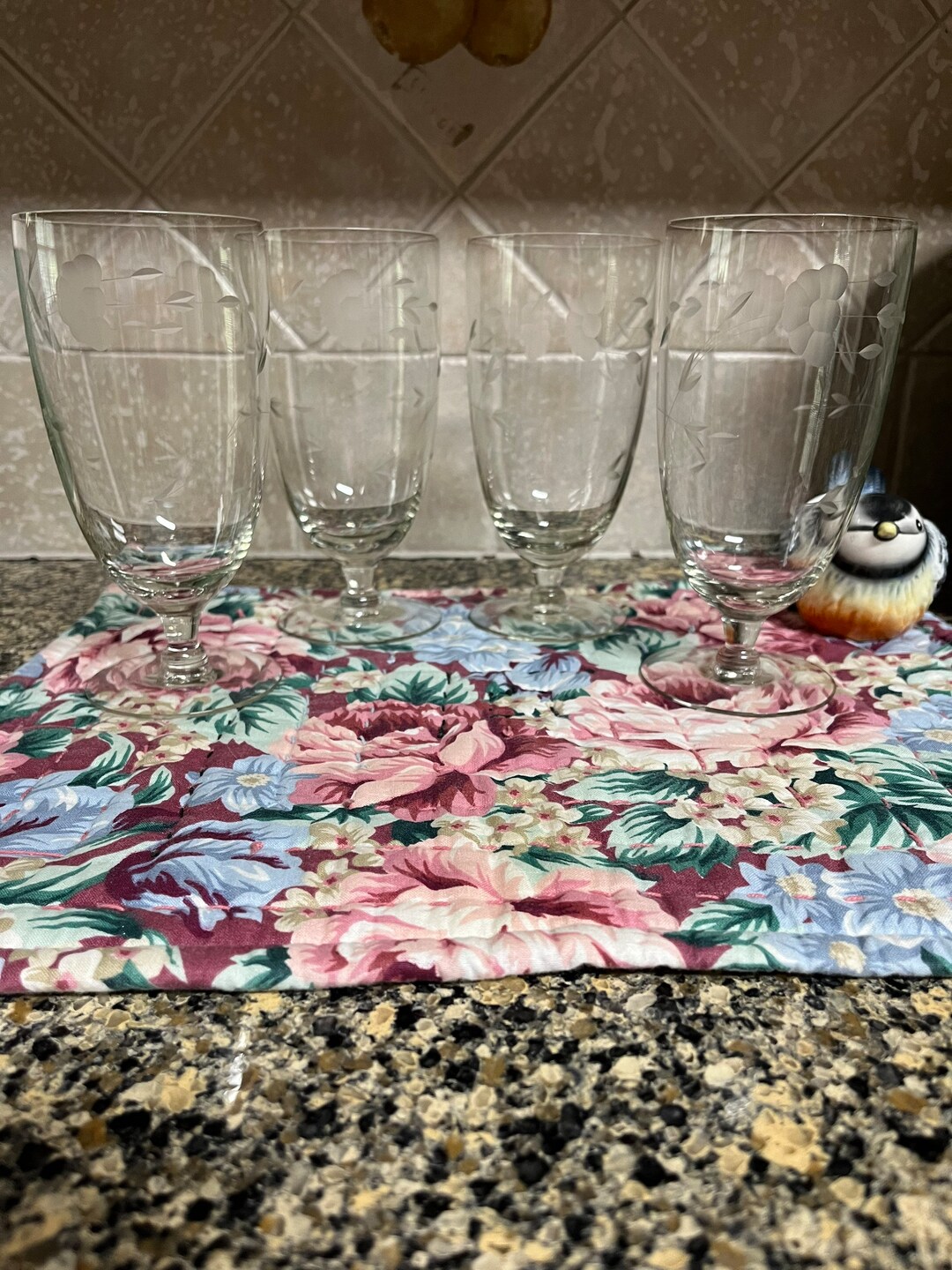 Vintage Iced Tea Glass Set 4 Pieces Pedal Glass Set Etched Flower ...