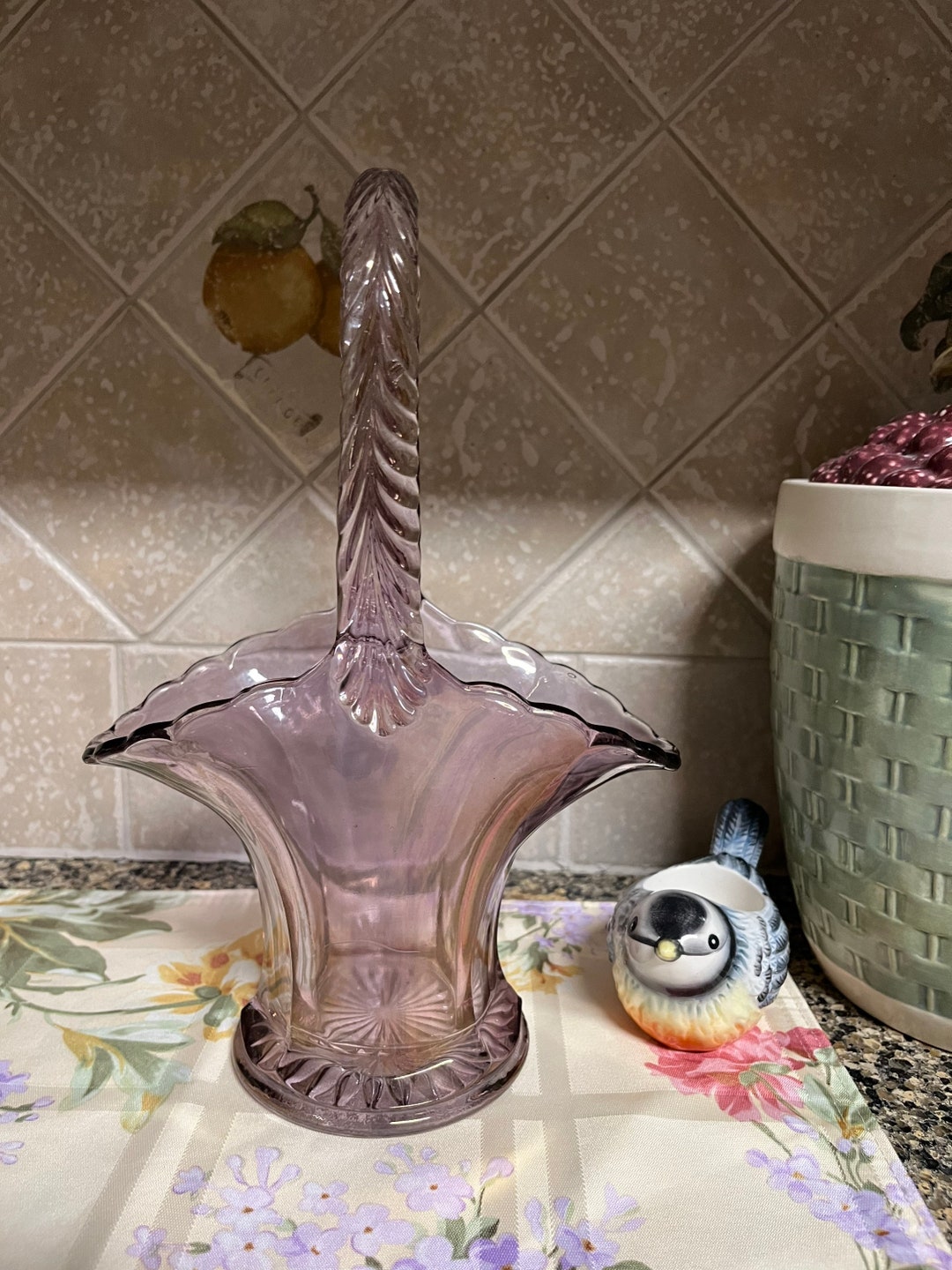 Vintage Purple Glass Vase Purple Glass Basket Vase Easter Basket ...