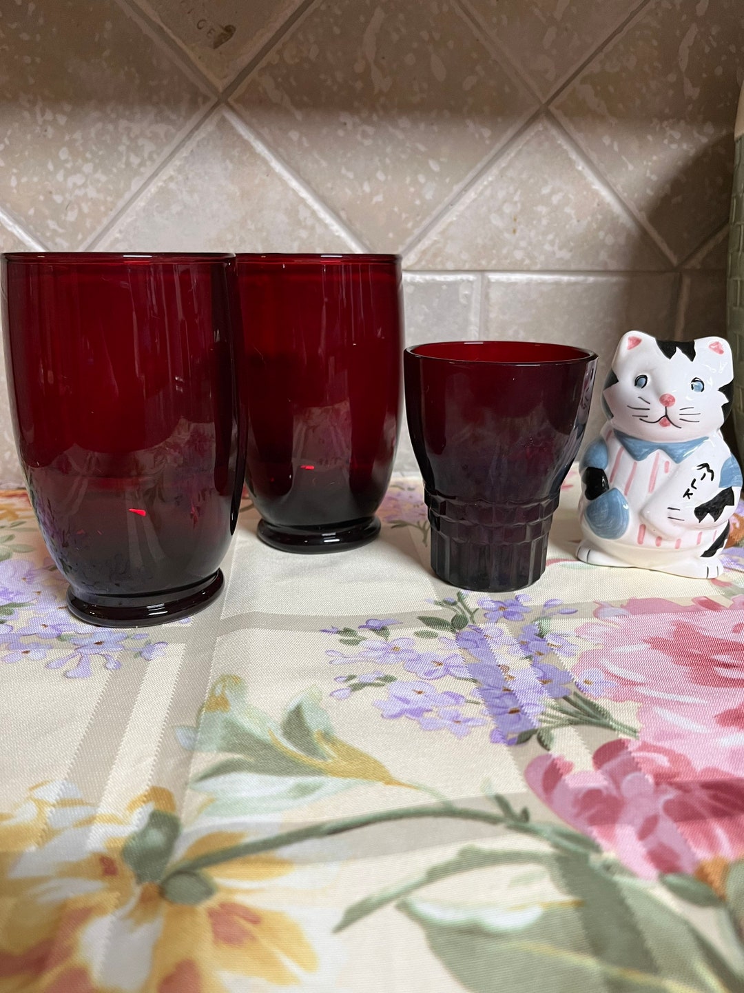 Vintage Ruby Red Glass Set 3 Pieces Juice Glass Set Birthday Gift ...