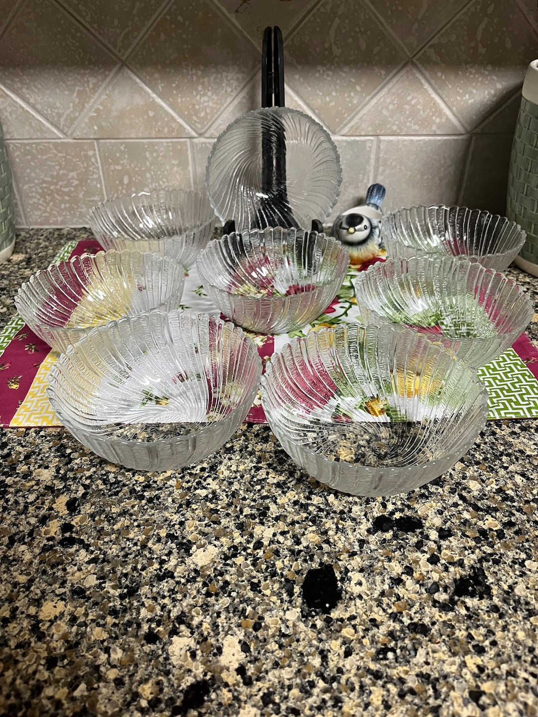 Vintage Clear Glass Flower Bowl Set 8 Pieces Swirled Pressed Glass Bowl ...