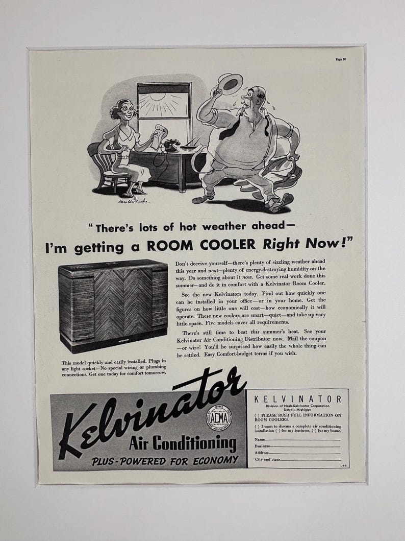 Vintage 1930s Kelvinator HVAC Original Print Ad in Mat Ready to Frame ...
