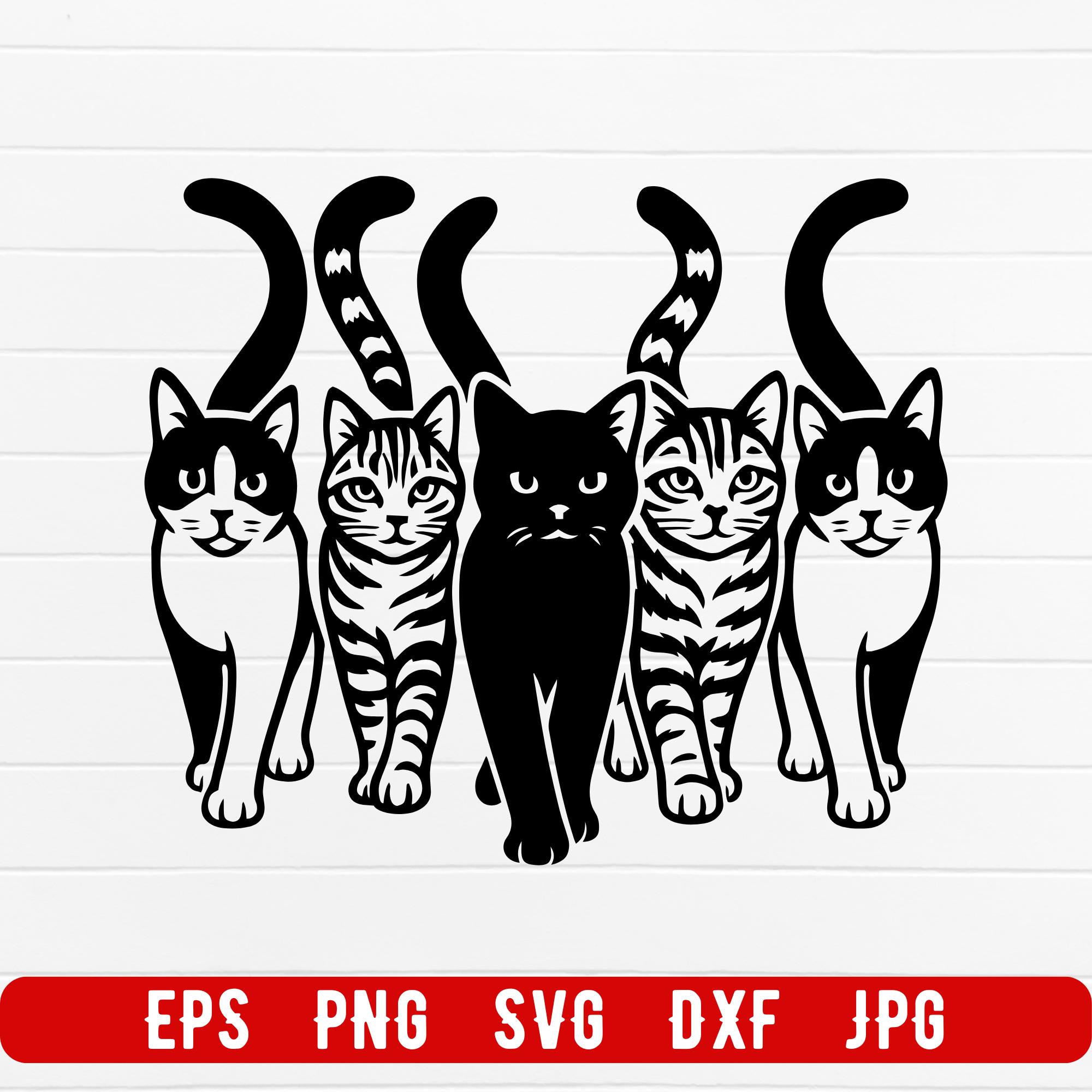 Five Cats SVG, Five Cats PNG, Five Cats Dxf, Walking Cats Silhouette ...