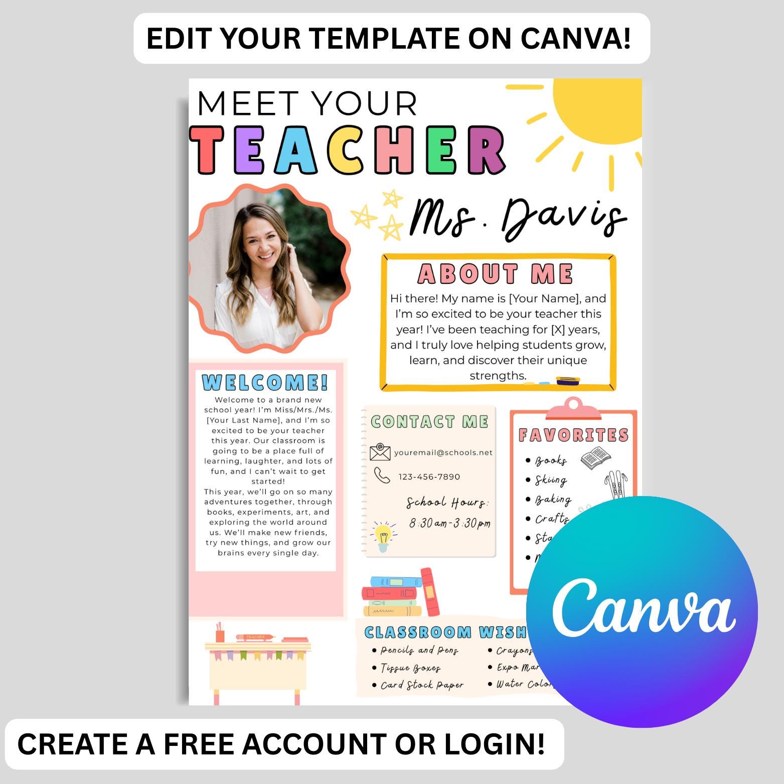 Meet the Teacher Template, Back to School Printable, Colorful Teacher ...