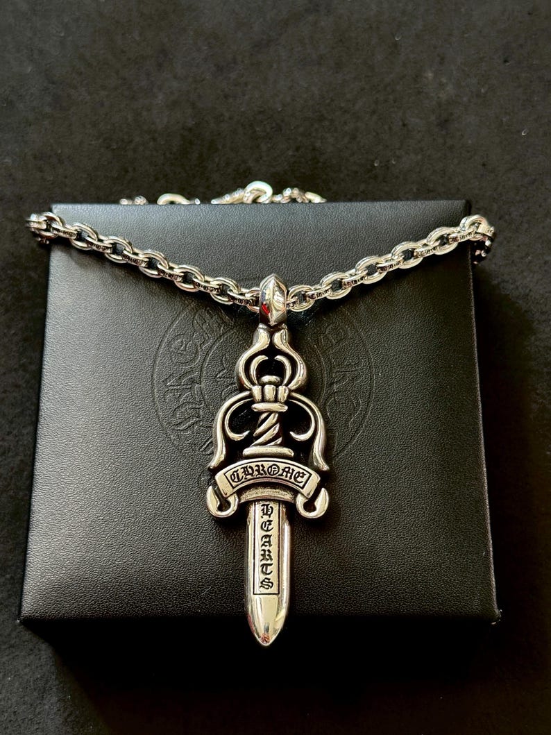 CH Gothic Style Y2K Paper Chain Link Dagger Sword Necklace Chrome .925 ...