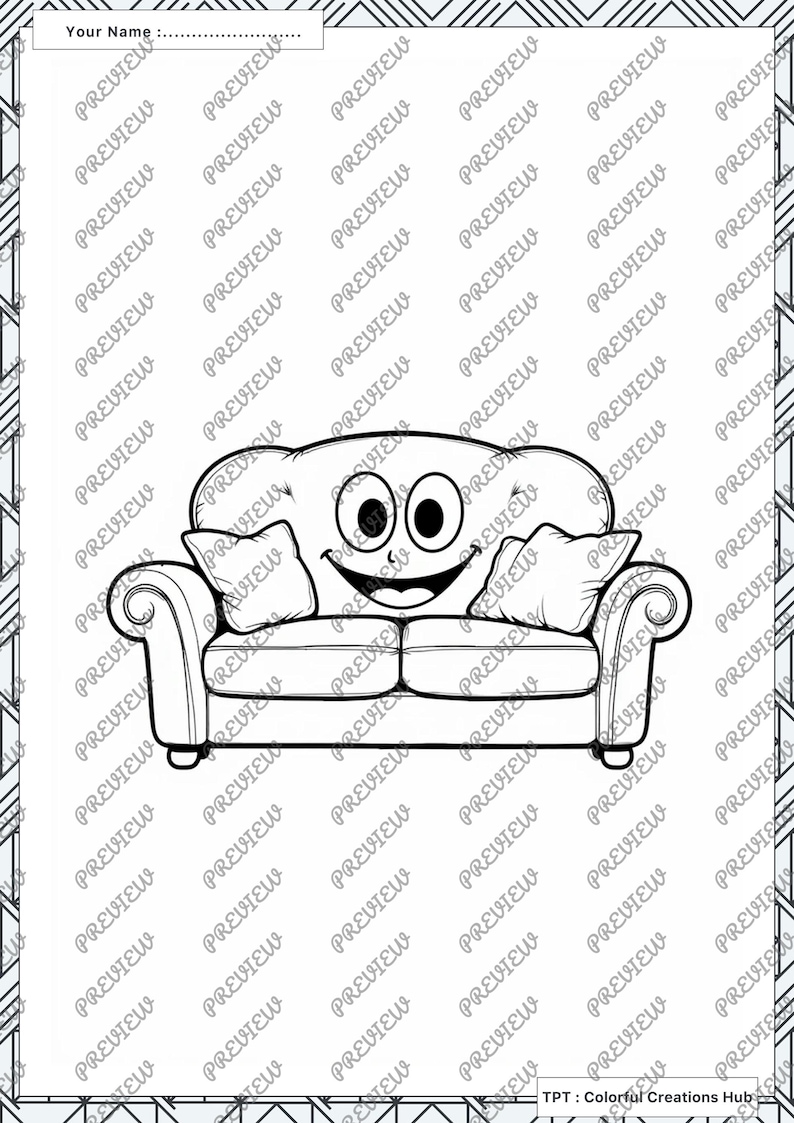 Smiling Sofa Coloring Pages, Kawaii Furniture Printable Art, Cute ...