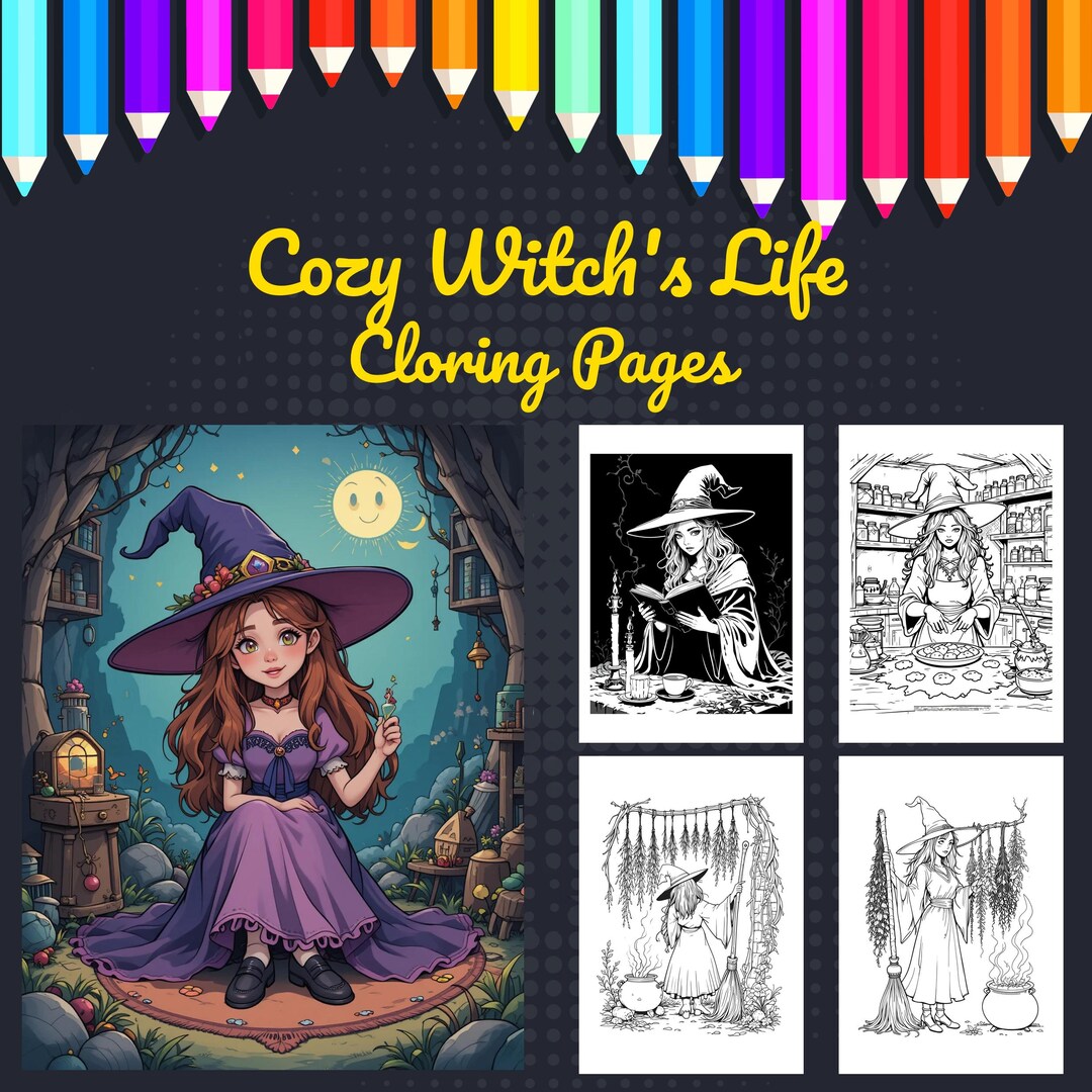 Cozy Witch's Life Coloring Pages, Cottagecore Witch Printable Book for ...