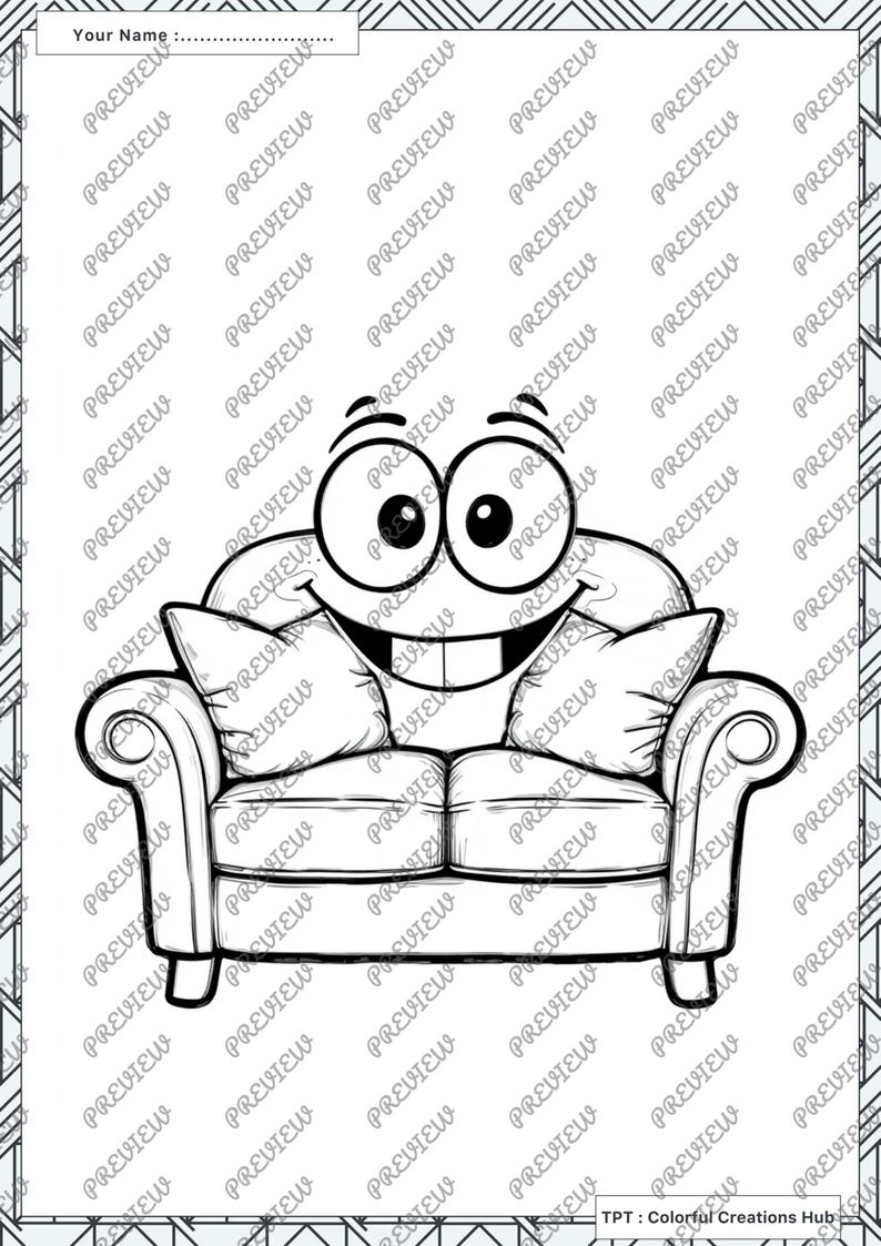 Smiling Sofa Coloring Pages, Kawaii Furniture Printable Art, Cute ...